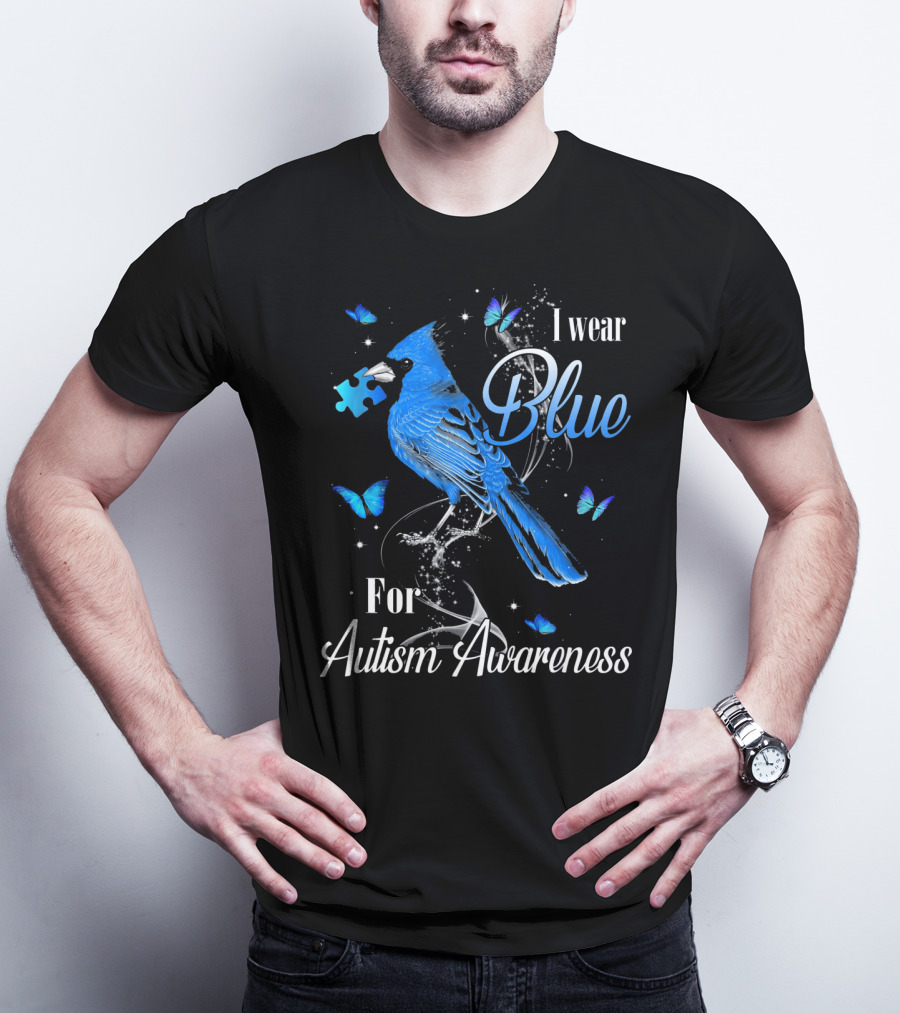 I Wear Blue For Autism Awareness Cardinal Bird Puzzle Piece Butterfly T-Shirt