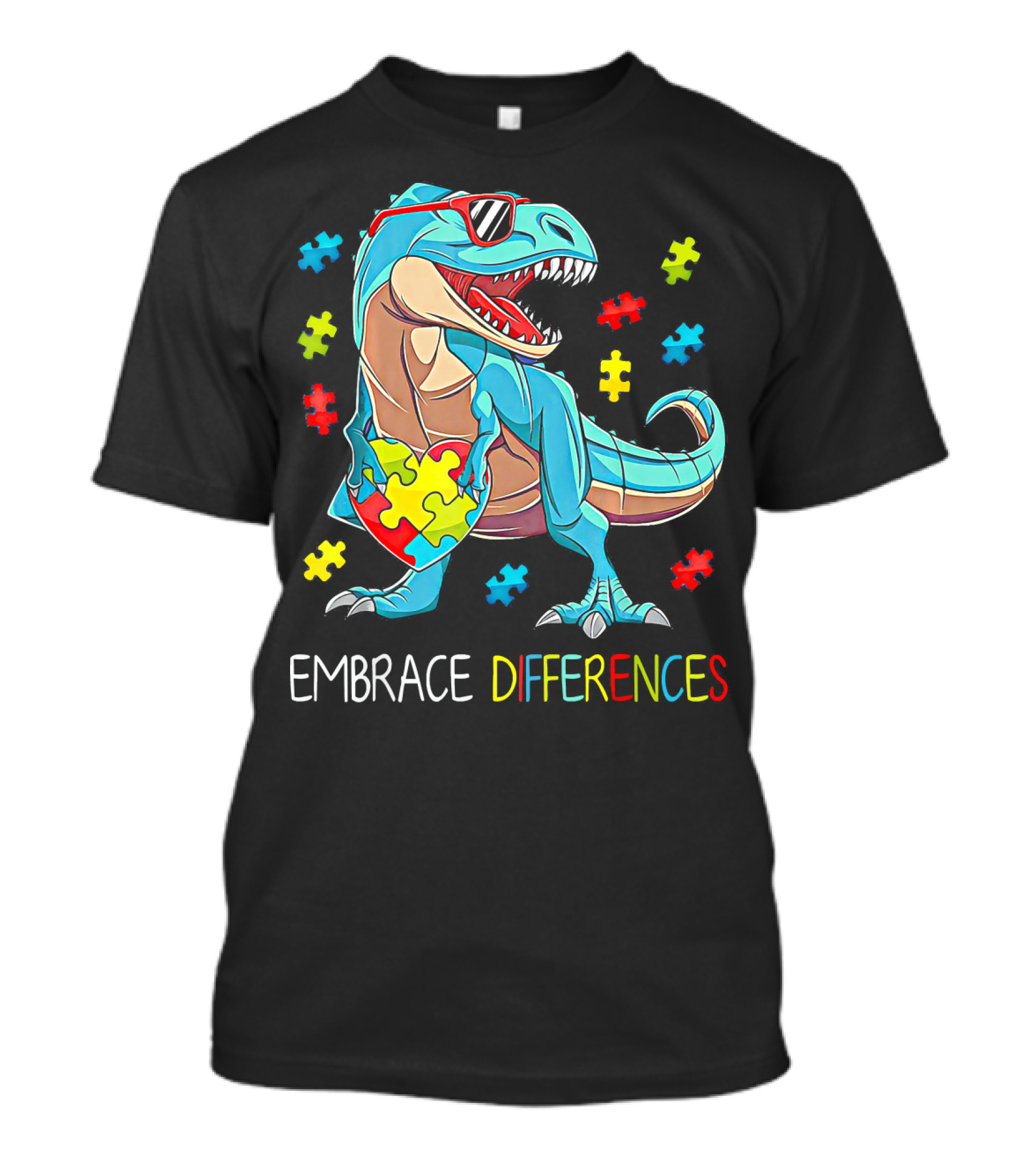 Embrace Differences Autism Awareness Dinosaur Rex Puzzle T-Shirt