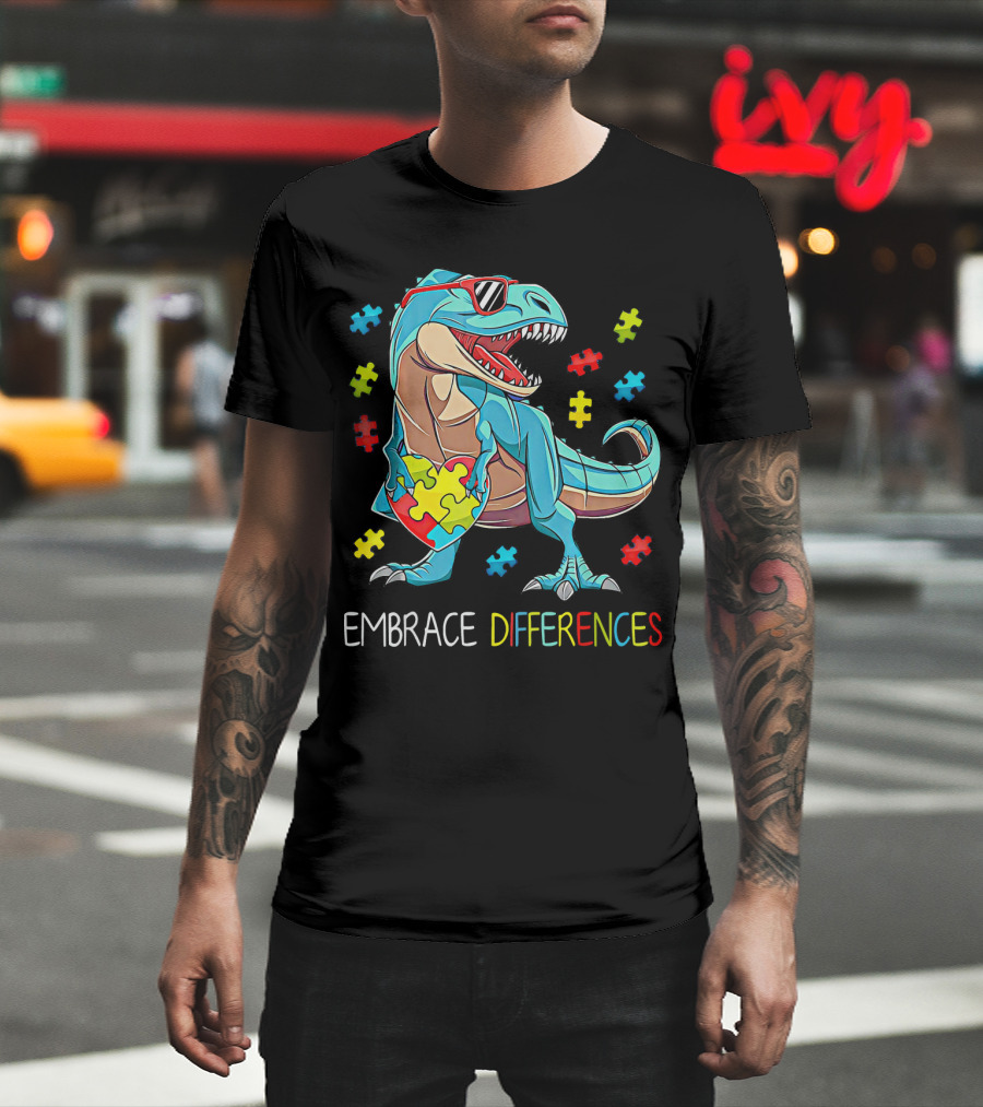 Embrace Differences Autism Awareness Dinosaur Rex Puzzle T-Shirt