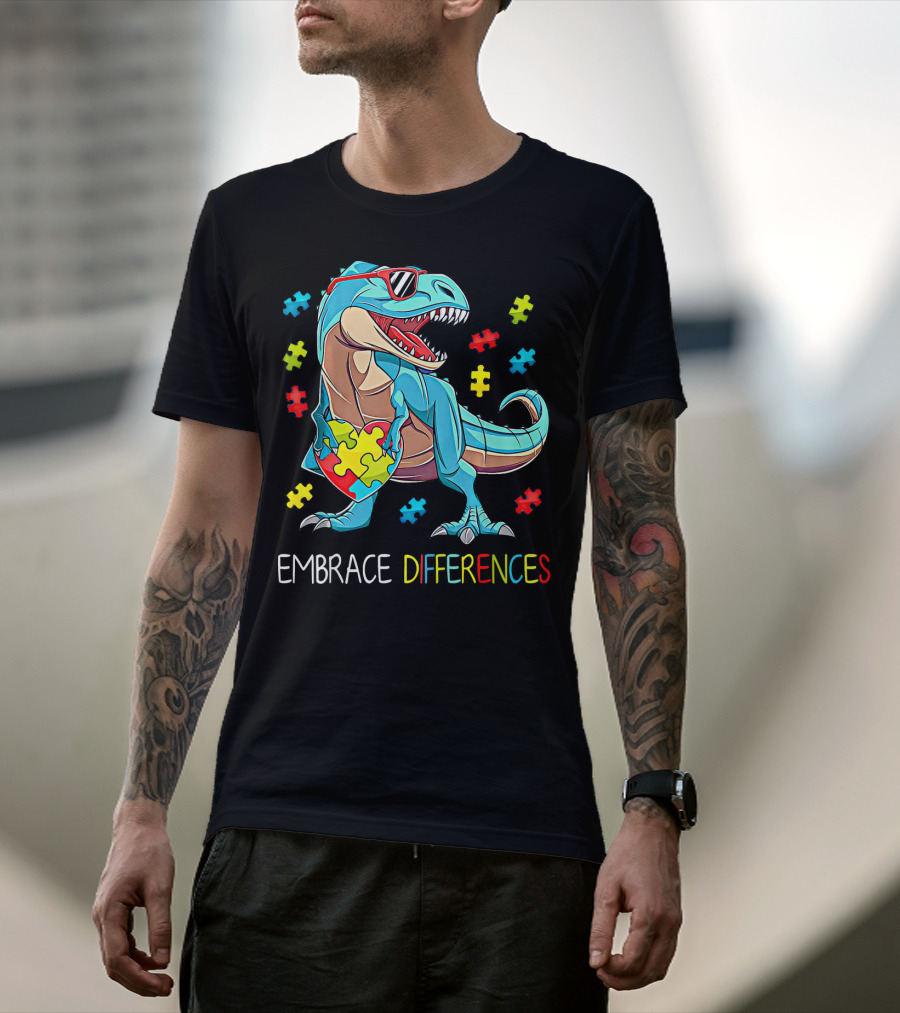 Embrace Differences Autism Awareness Dinosaur Rex Puzzle T-Shirt