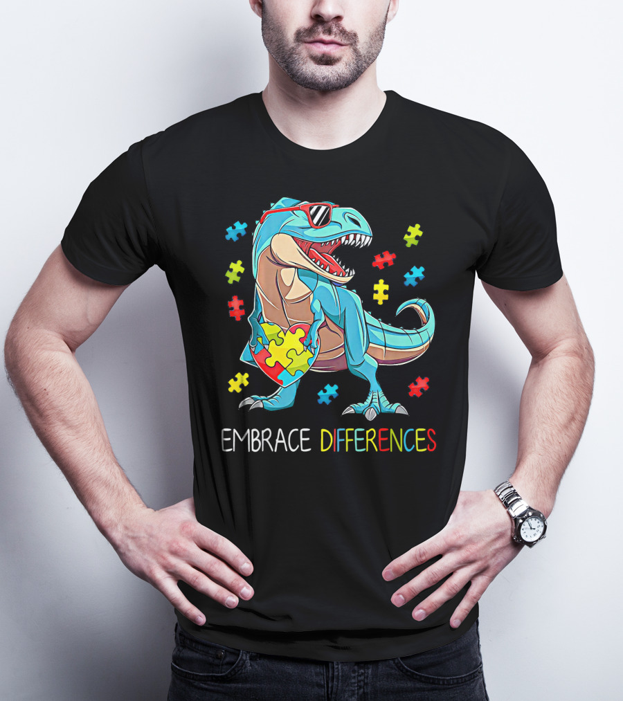 Embrace Differences Autism Awareness Dinosaur Rex Puzzle T-Shirt