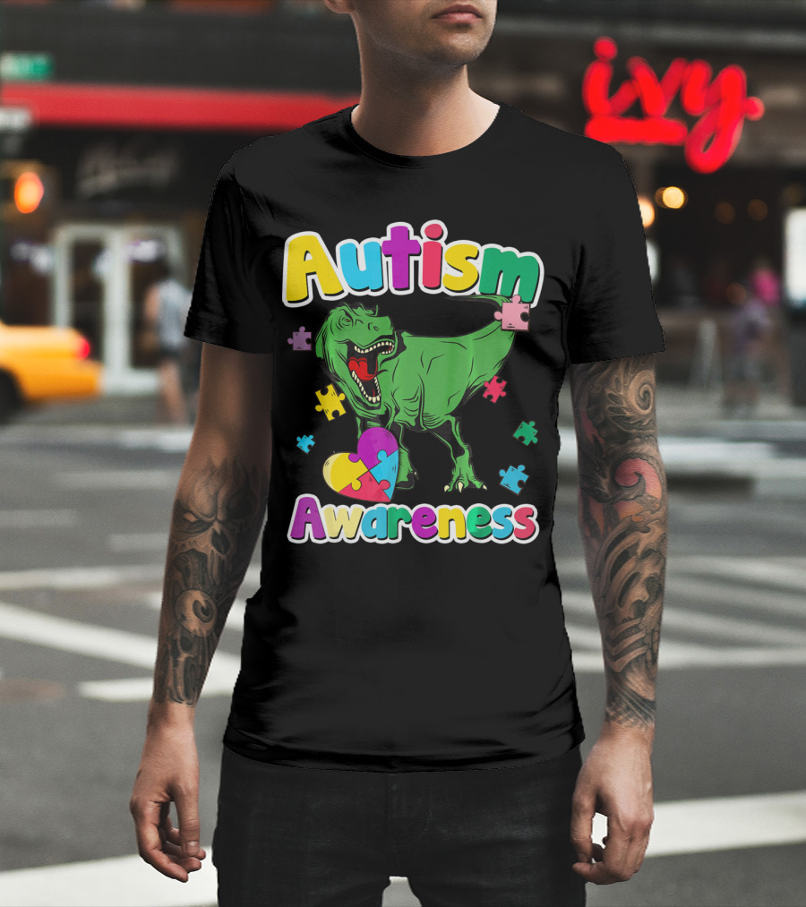 Autism Awareness Colorful Puzzle Tyrannosaurus T-Shirt