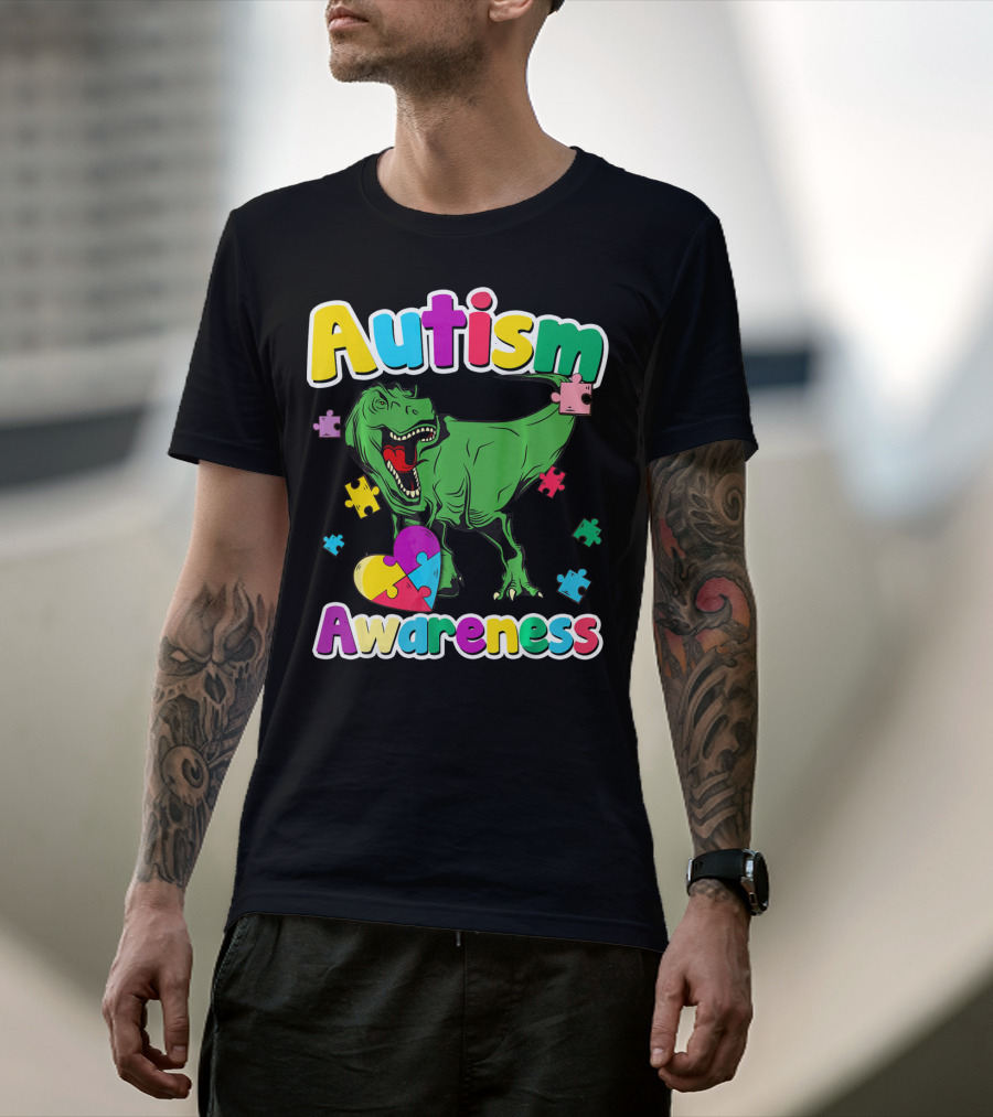 Autism Awareness Colorful Puzzle Tyrannosaurus T-Shirt