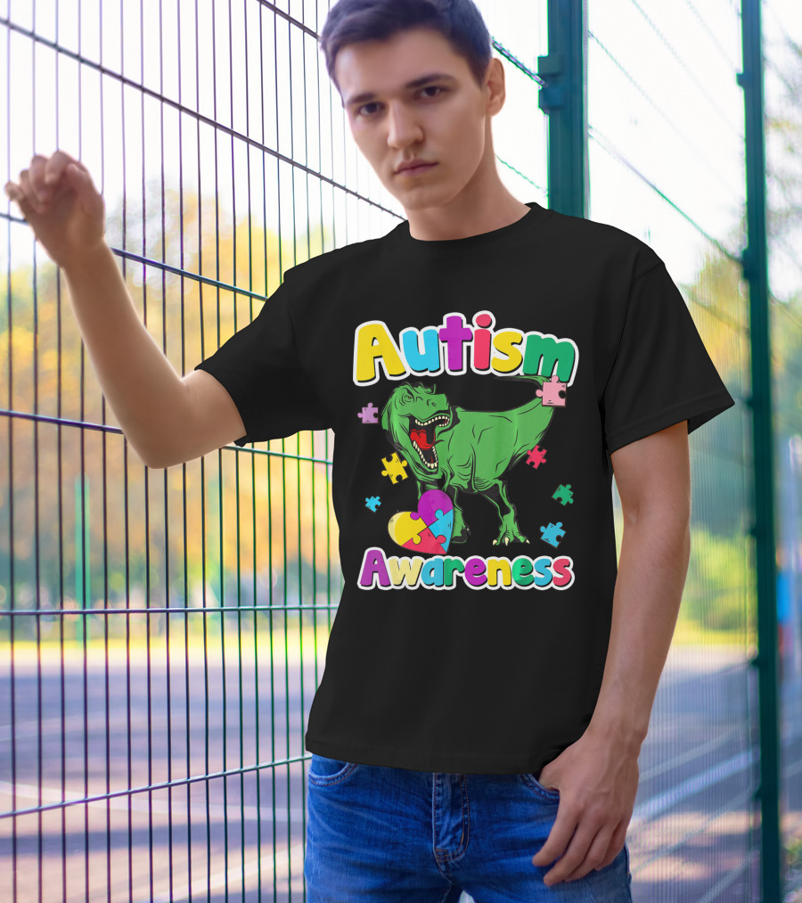 Autism Awareness Colorful Puzzle Tyrannosaurus T-Shirt