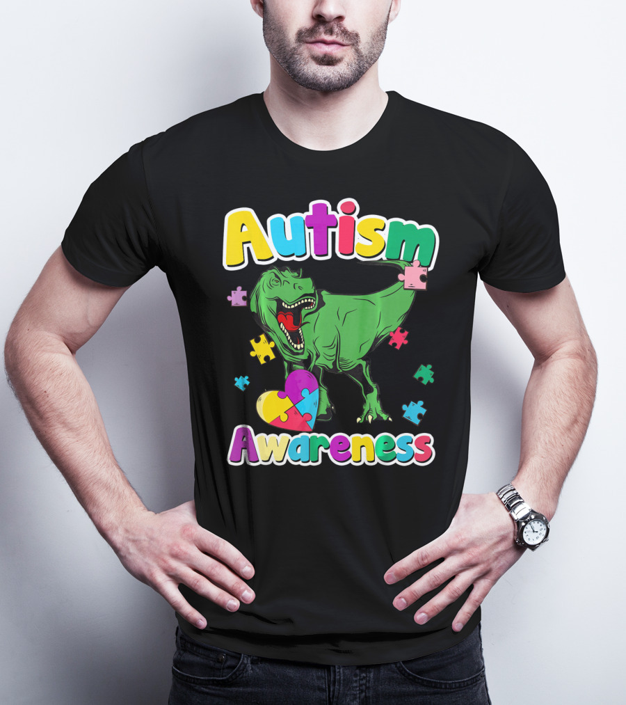 Autism Awareness Colorful Puzzle Tyrannosaurus T-Shirt