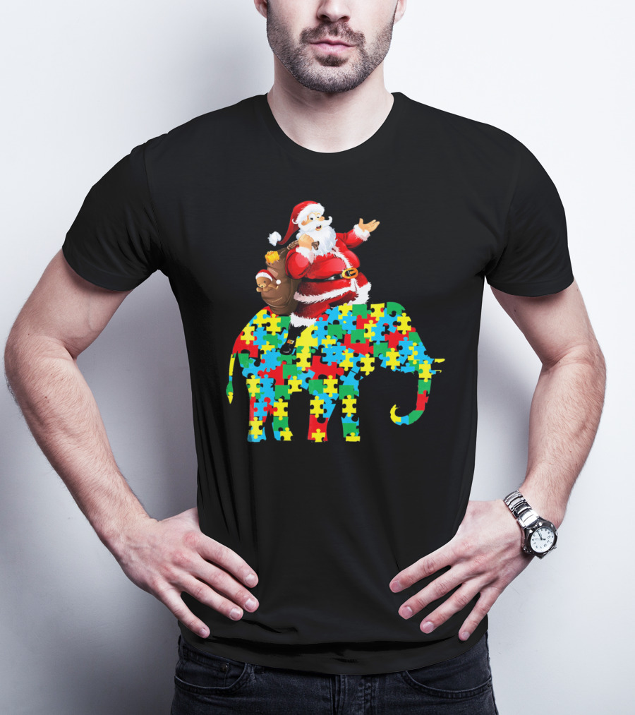 Santa Claus Riding Puzzle Piece Elephant Christmas Autism T-Shirt