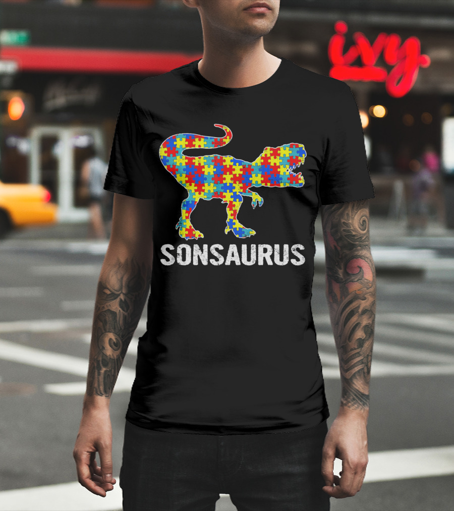 Sonsaurus Strong Dinosaur Autism Awareness Puzzle T-Shirt