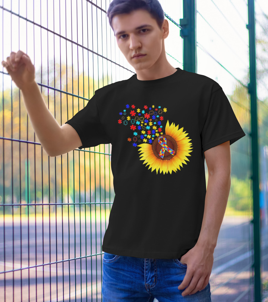 Sunflower Autism Awareness Ribbon With Colorful Puzzle Pieces T-Shirt