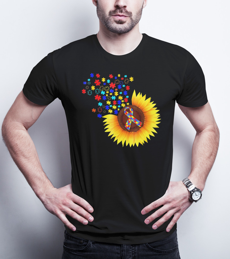 Sunflower Autism Awareness Ribbon With Colorful Puzzle Pieces T-Shirt