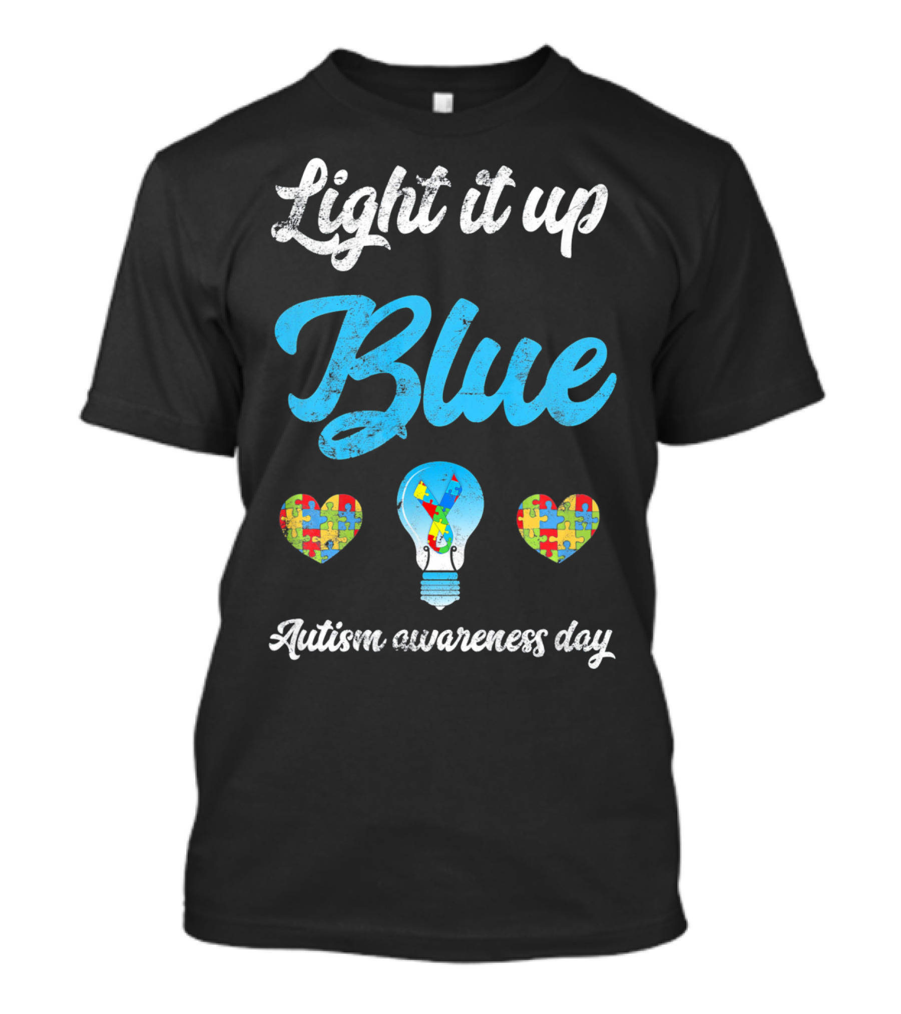 Light It Up Blue Autism Awareness Day Puzzle Hearts Lightbulb T-Shirt