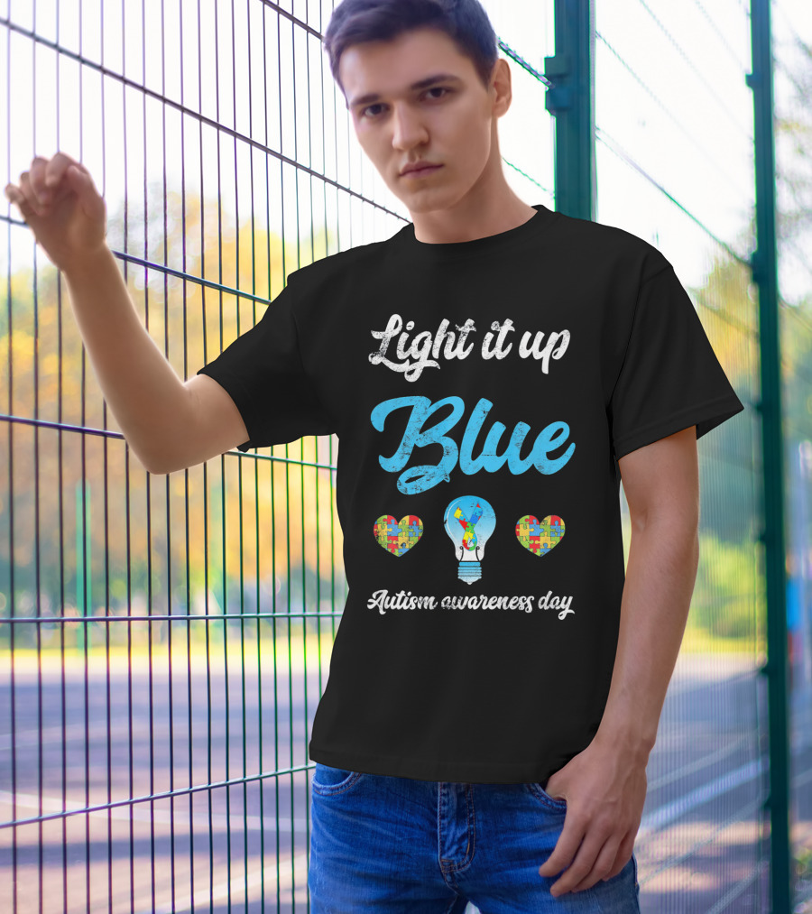 Light It Up Blue Autism Awareness Day Puzzle Hearts Lightbulb T-Shirt