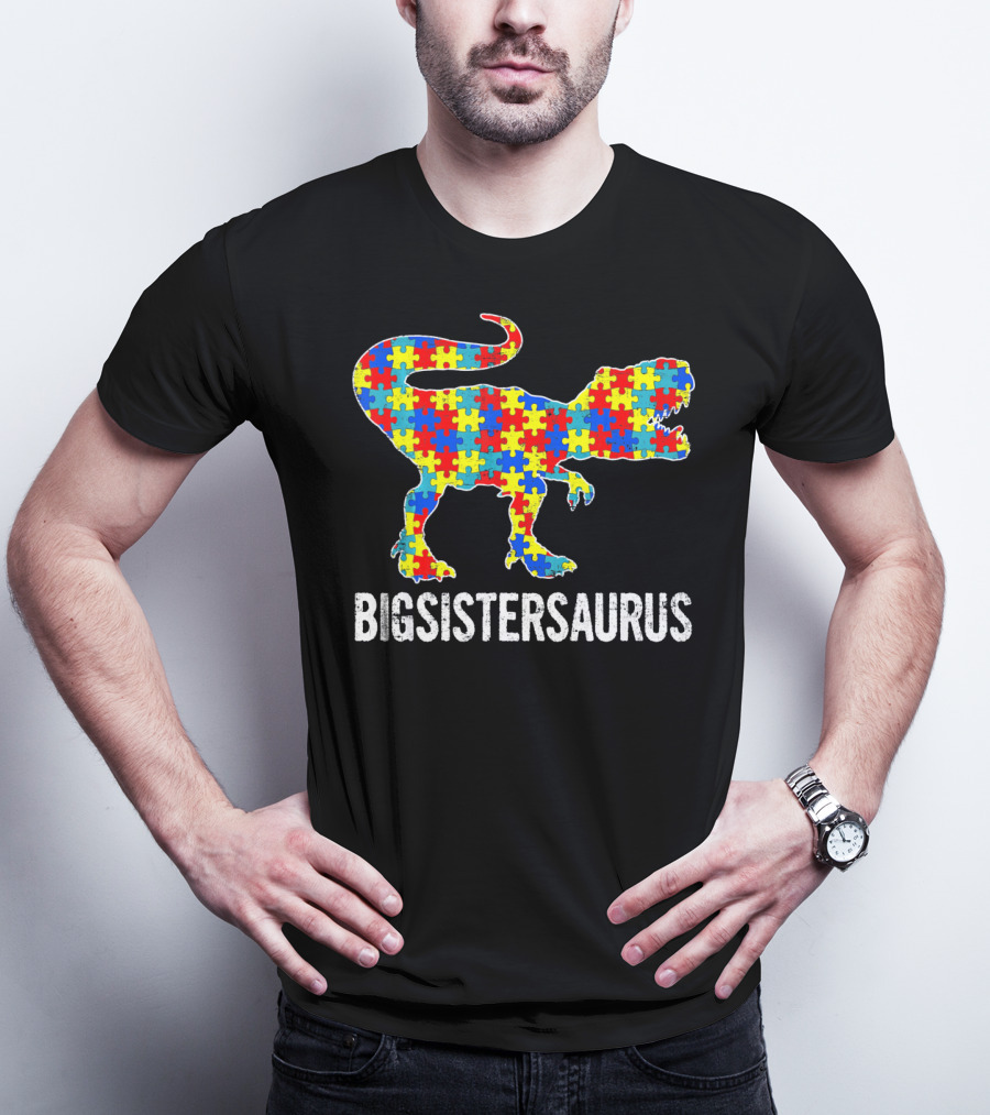 Strong Dinosaur Big Sistersaurus Autism Puzzle Rex T-Shirt