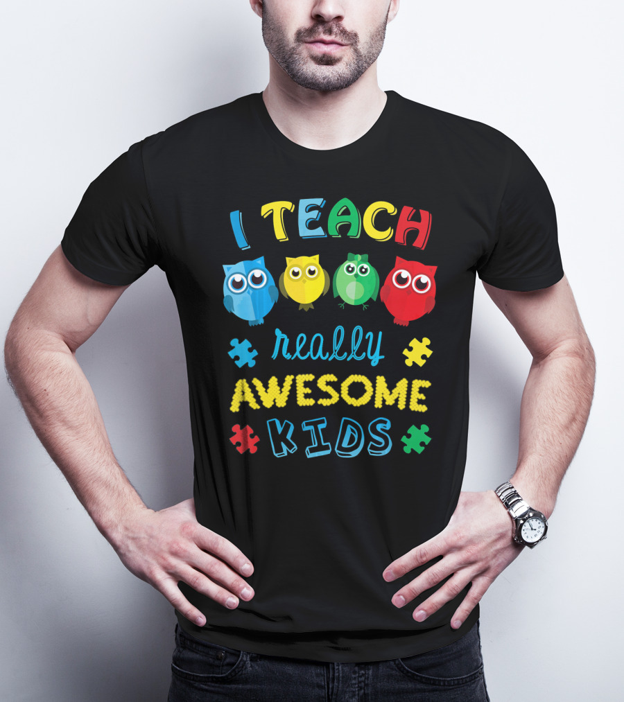 I Teach Really Awesome Kids Autism Teacher Awareness Cute Owl T-Shirt