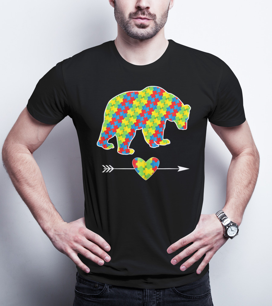 Bear With Puzzle Pieces And Arrow Heart Autism Awareness T-Shirt
