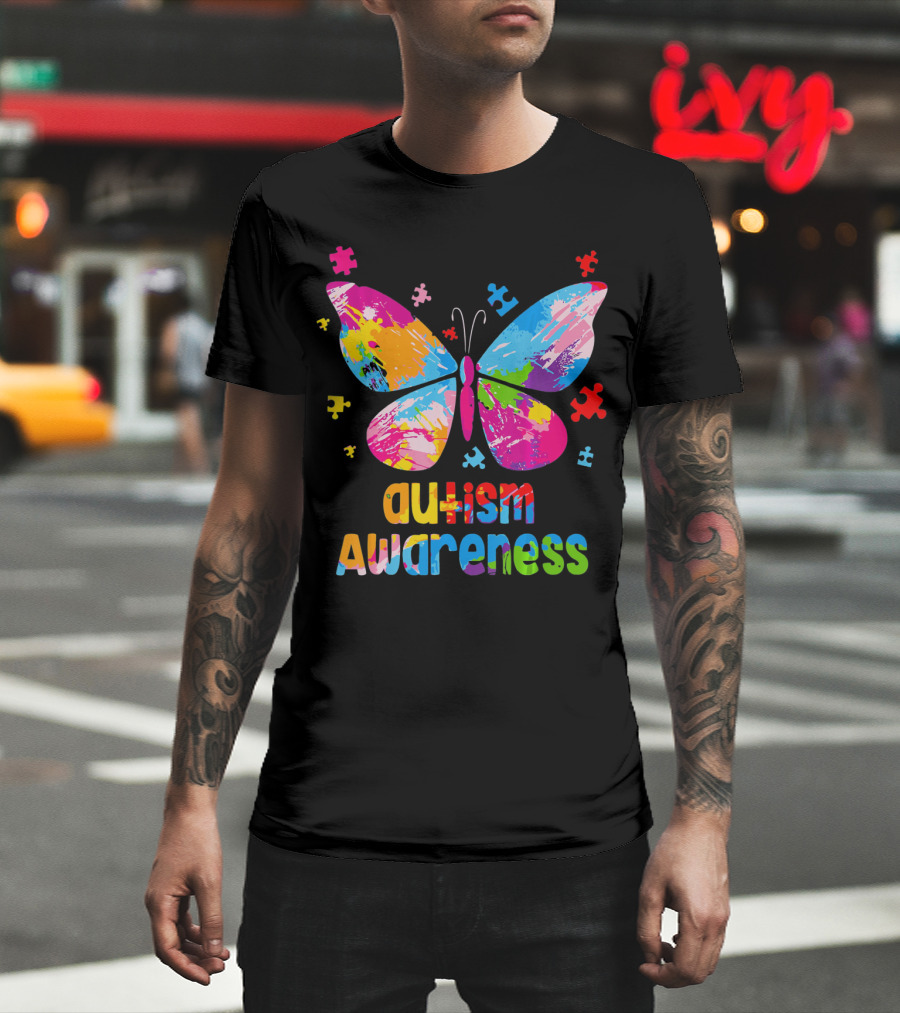 Colorful Butterfly Autism Awareness Puzz Puzzle Pieces T-Shirt