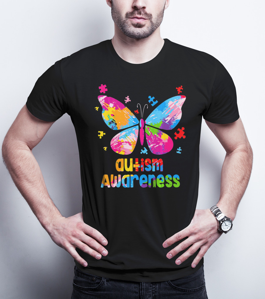 Colorful Butterfly Autism Awareness Puzz Puzzle Pieces T-Shirt