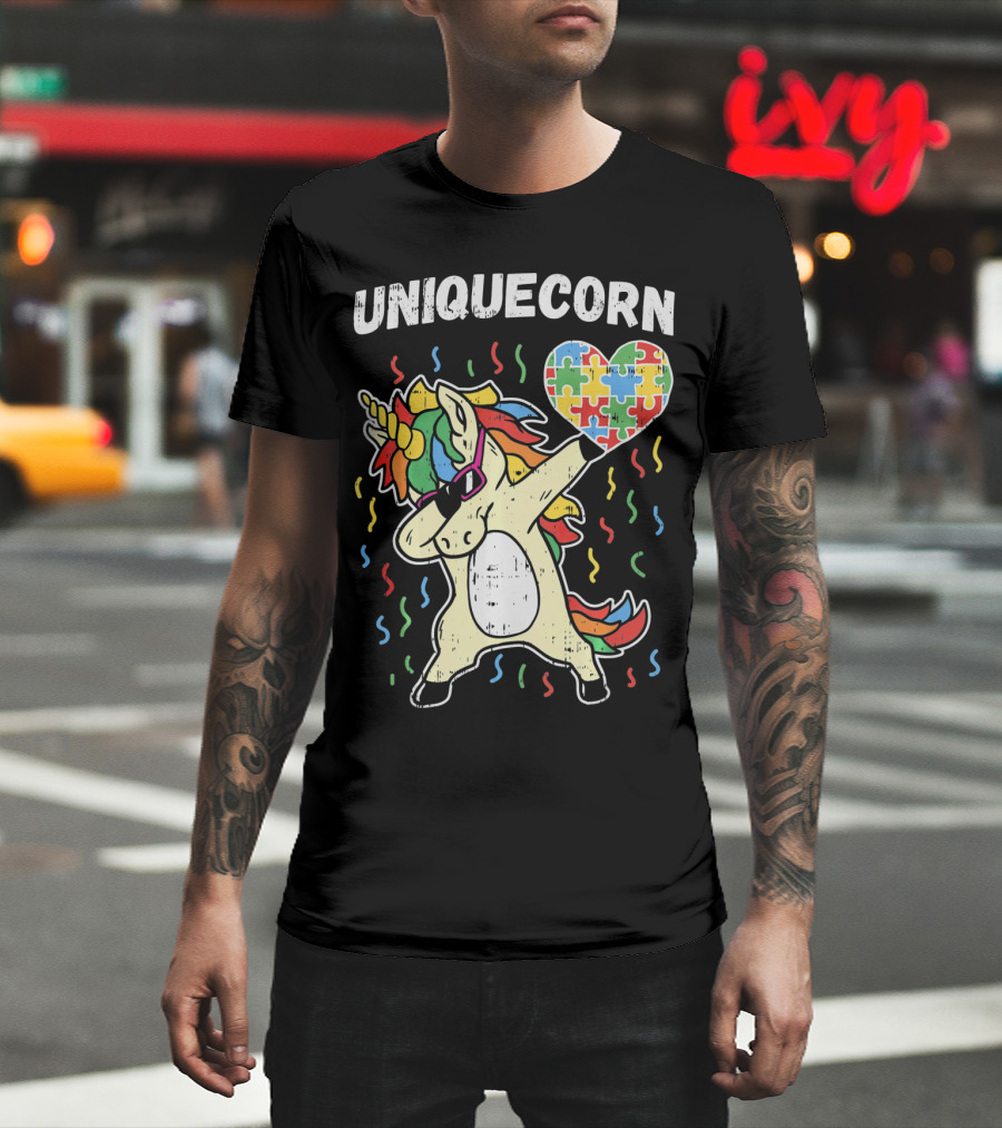 Uniquecorn Dabbing Unicorn Puzzle Heart Autism Awareness T-Shirt