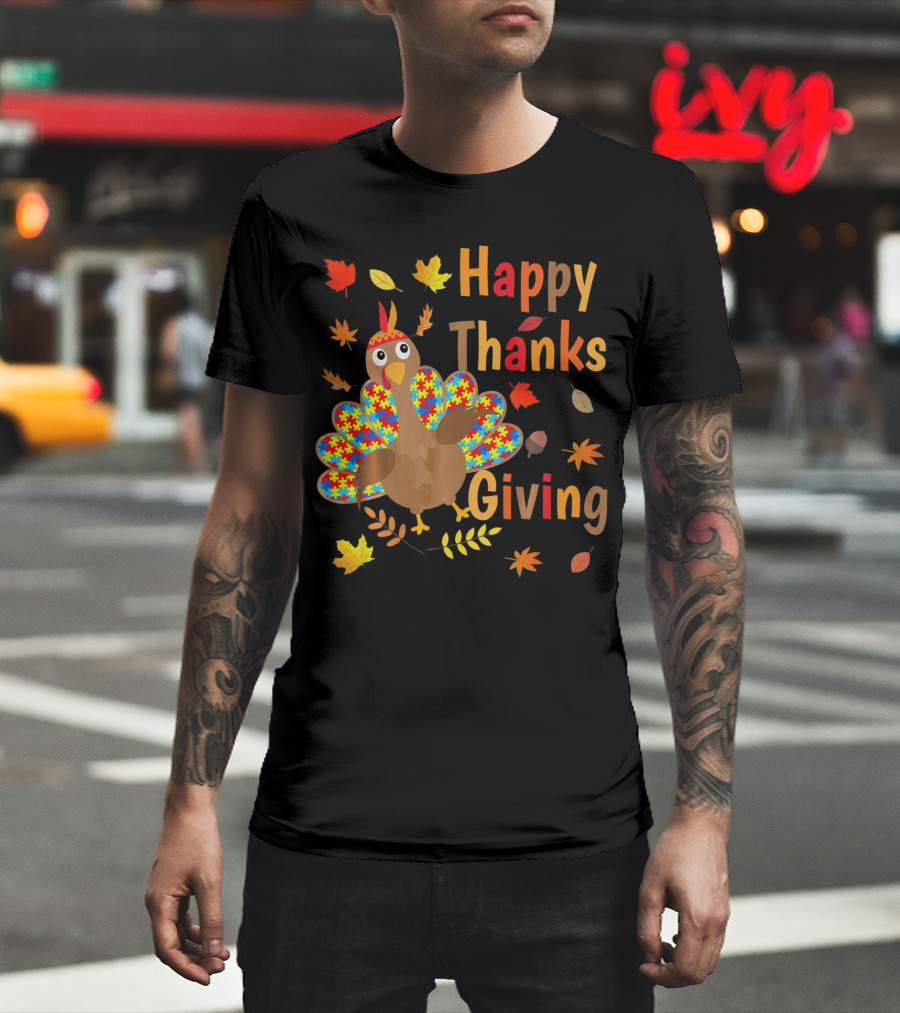 Happy Thanksgiving Turkey Autism Awareness Puzzle Piece Leaves T-Shirt