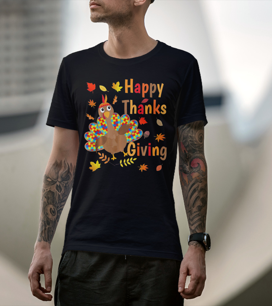 Happy Thanksgiving Turkey Autism Awareness Puzzle Piece Leaves T-Shirt