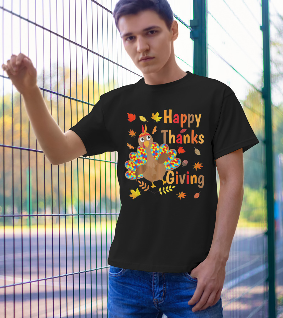 Happy Thanksgiving Turkey Autism Awareness Puzzle Piece Leaves T-Shirt