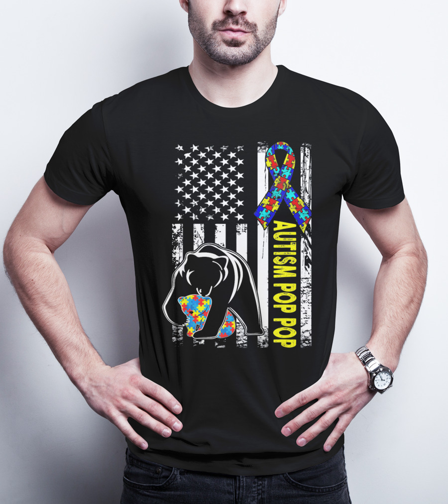 Autism Pop Pop American Flag Bear Puzzle T-Shirt