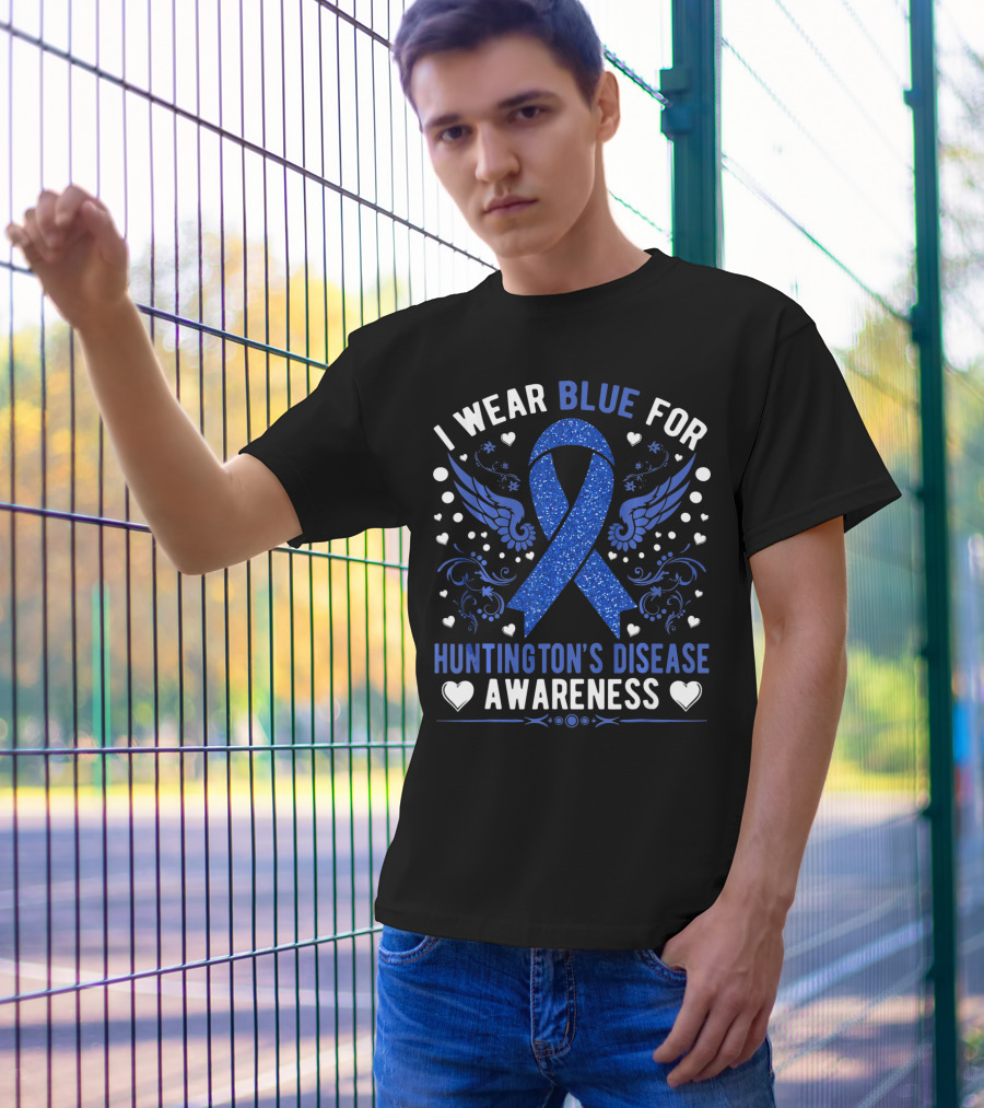 I Wear Blue For Huntington's Disease Awareness Ribbon Wings Hearts T-Shirt