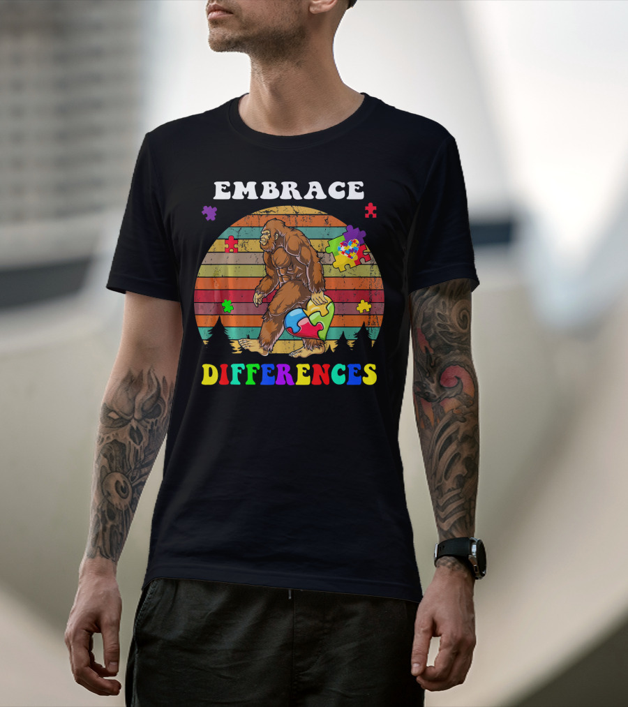 Embrace Differences Autism Awareness Bigfoot With Puzzle Pieces T-Shirt