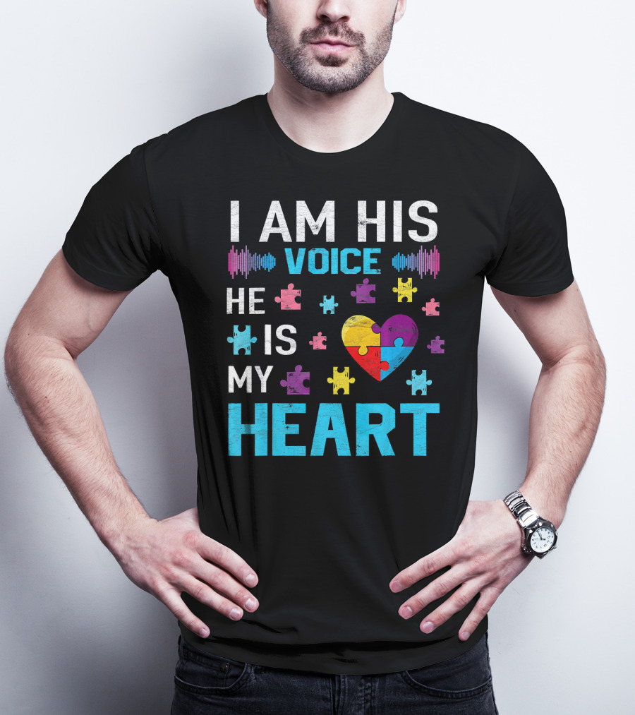 I Am His Voice He Is My Heart Puzzle Heart Autism Awareness T-Shirt