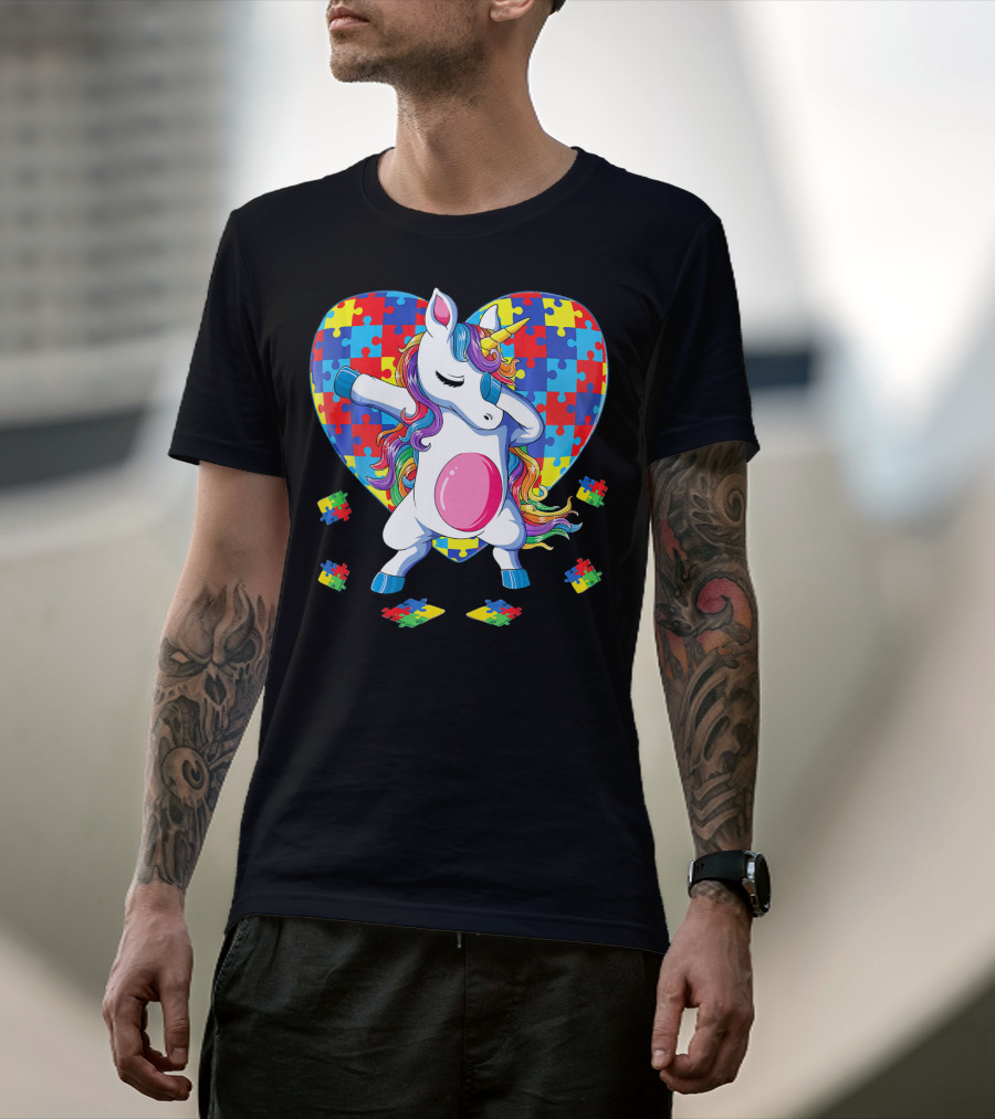 Dabbing Unicorn With Autism Awareness Puzzle Heart T-Shirt