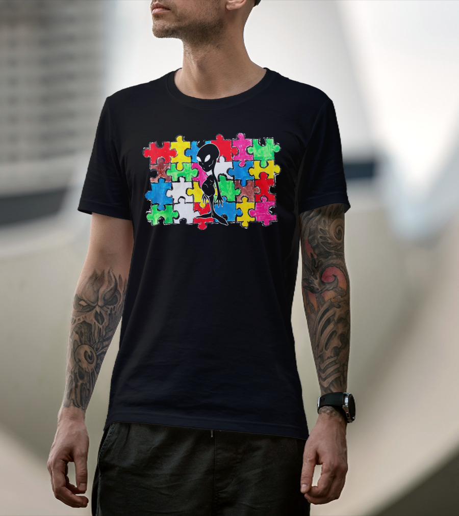 Alien UFO Autism Awareness Puzzle Piece T-Shirt
