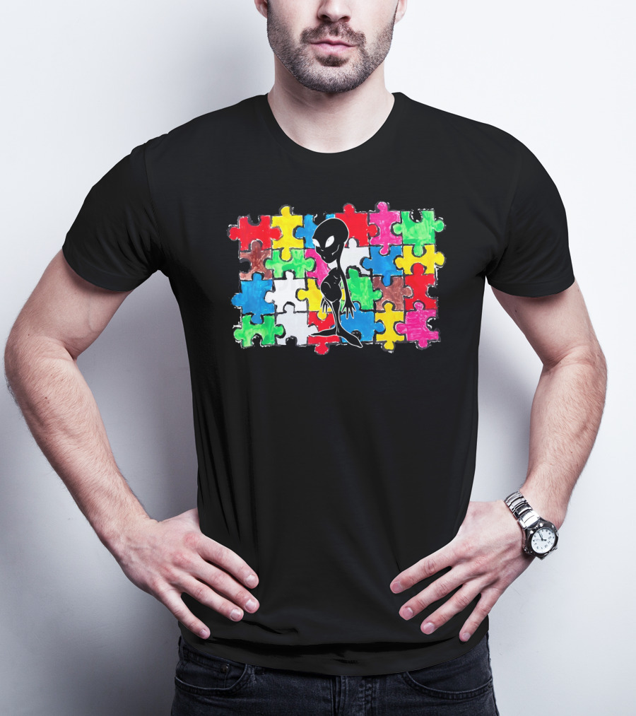 Alien UFO Autism Awareness Puzzle Piece T-Shirt