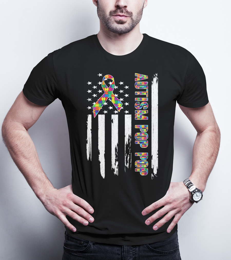 Autism Pop Pop American Flag Puzzle T-Shirt