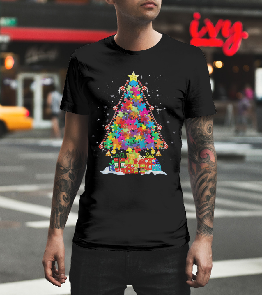Autism Awareness Puzzle Pieces Christmas Tree With Star And Presents T-Shirt