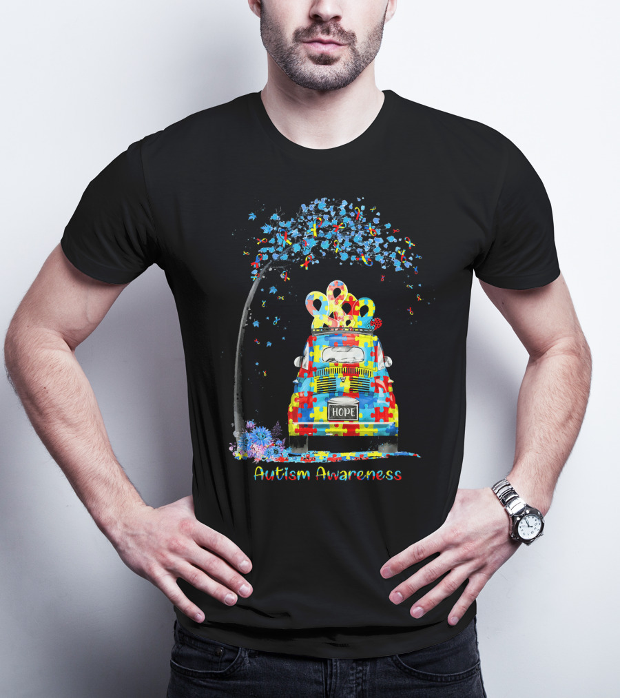 HOPE Hippie Van Puzzle Pieces Ribbon Autism Awareness T-Shirt