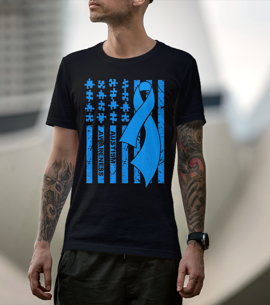 Autism Awareness Flag With Puzzle Pieces And Blue T-Shirt
