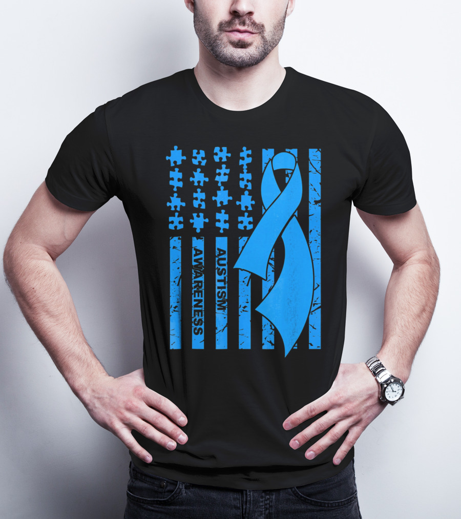 Autism Awareness Flag With Puzzle Pieces And Blue T-Shirt