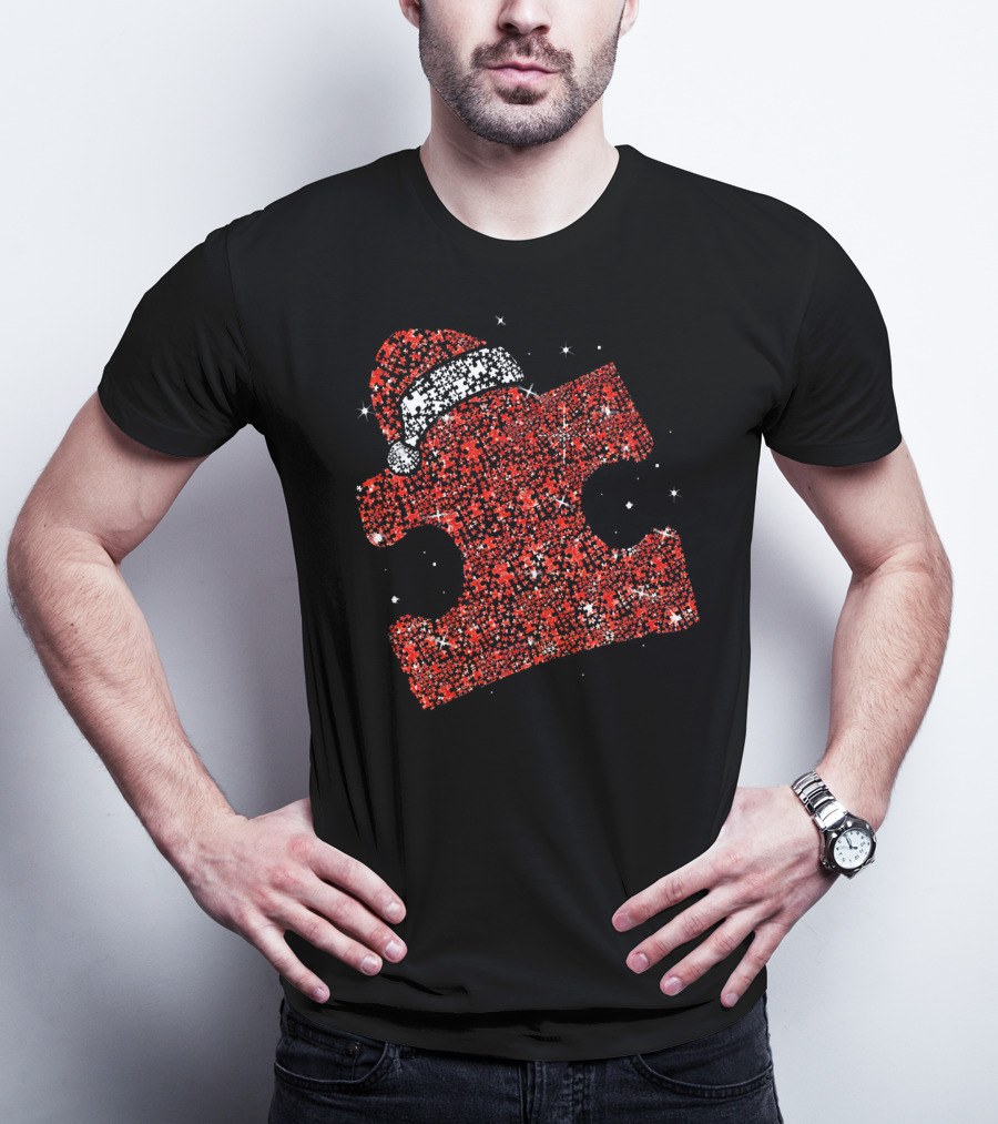 Autism Awareness Xmas Christmas Puzzle Piece With Santa Hat T-Shirt
