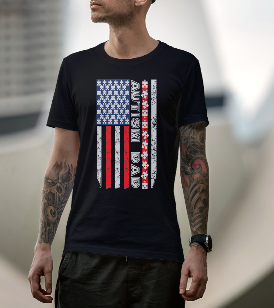 Mens Autism Dad American Flag Puzzle Piece Awareness T-Shirt