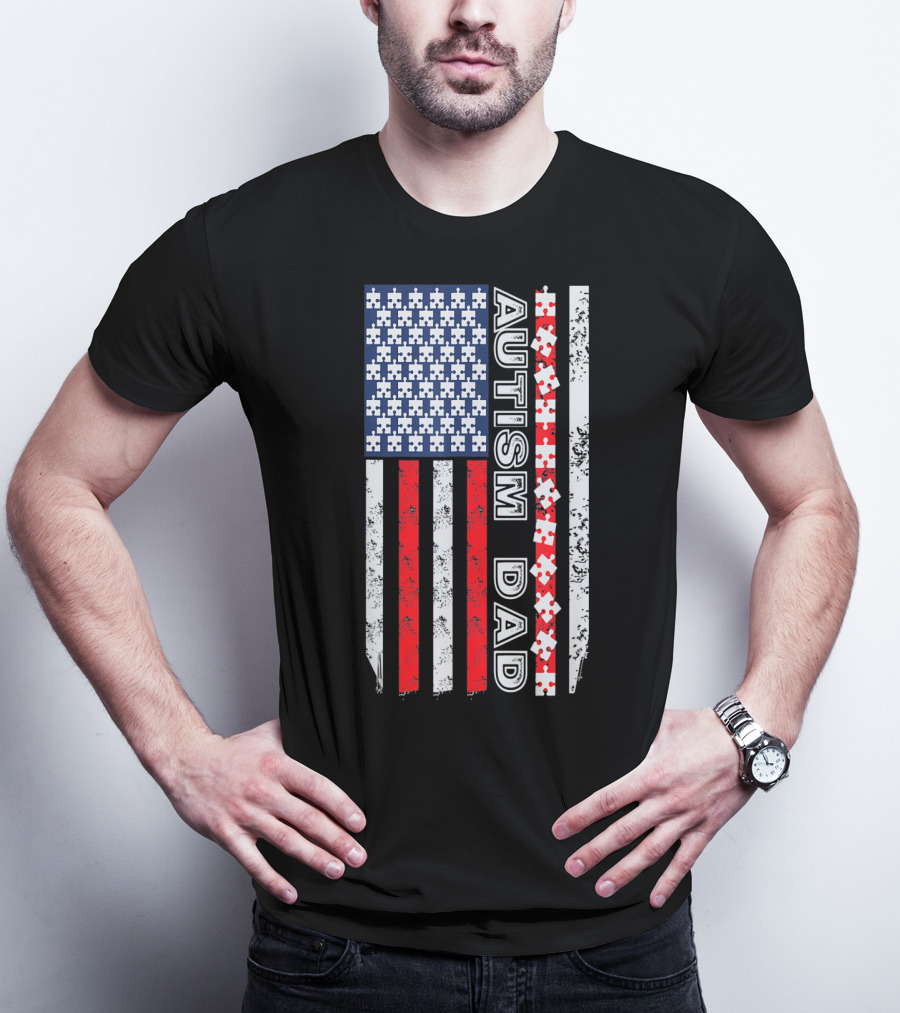 Mens Autism Dad American Flag Puzzle Piece Awareness T-Shirt