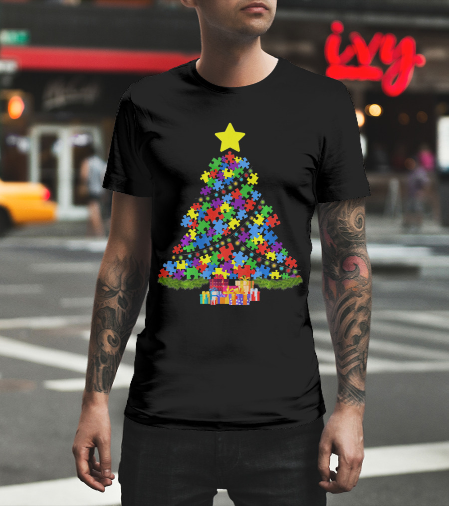 Autism Puzzle Piece Christmas Tree With Gifts And Star T-Shirt