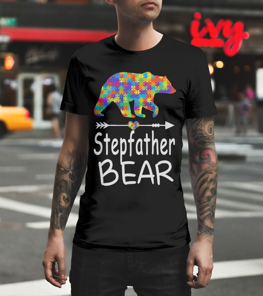 Stepfather Bear Puzzle Pattern Autism Awareness Family T-Shirt
