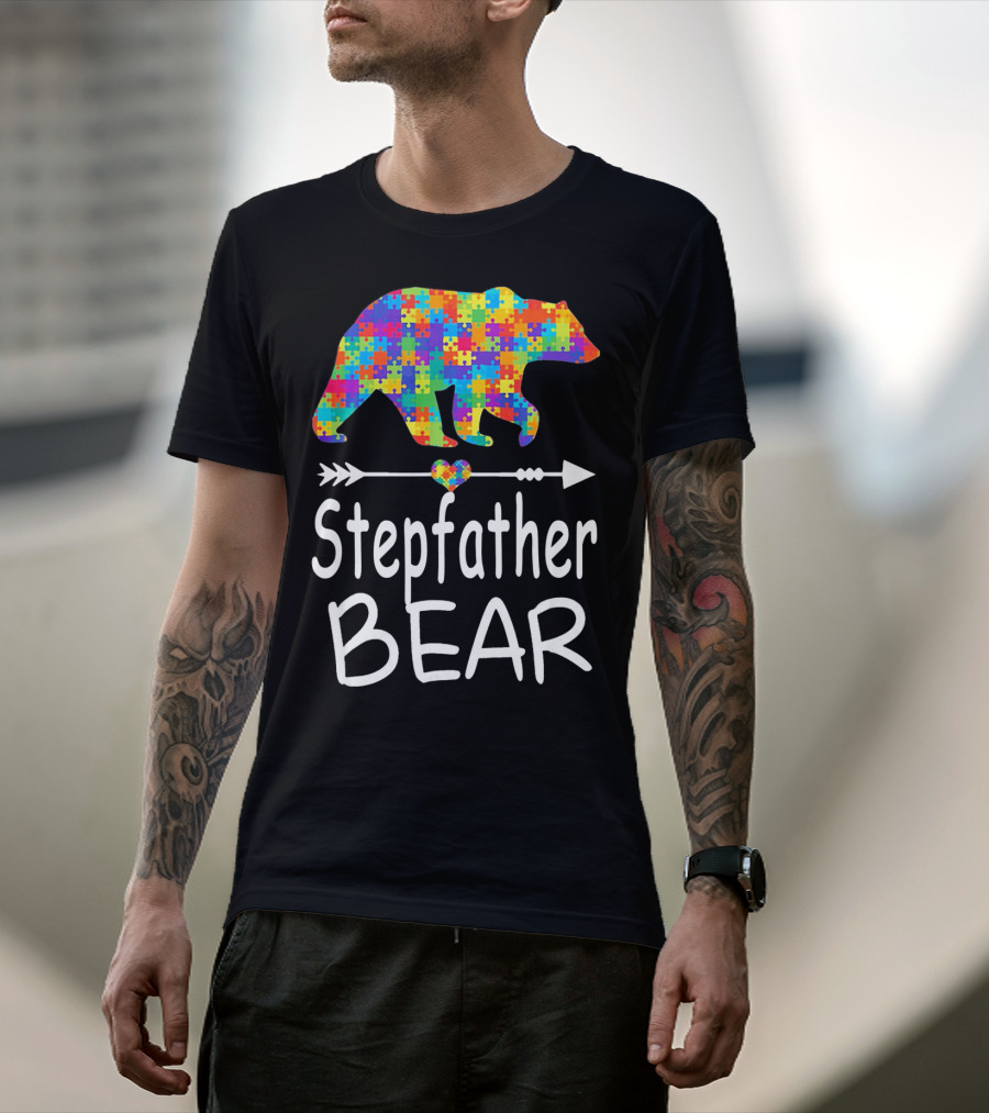 Stepfather Bear Puzzle Pattern Autism Awareness Family T-Shirt