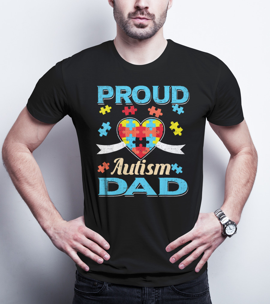 Proud Autism Dad Puzzle Heart Autism Awareness T-Shirt