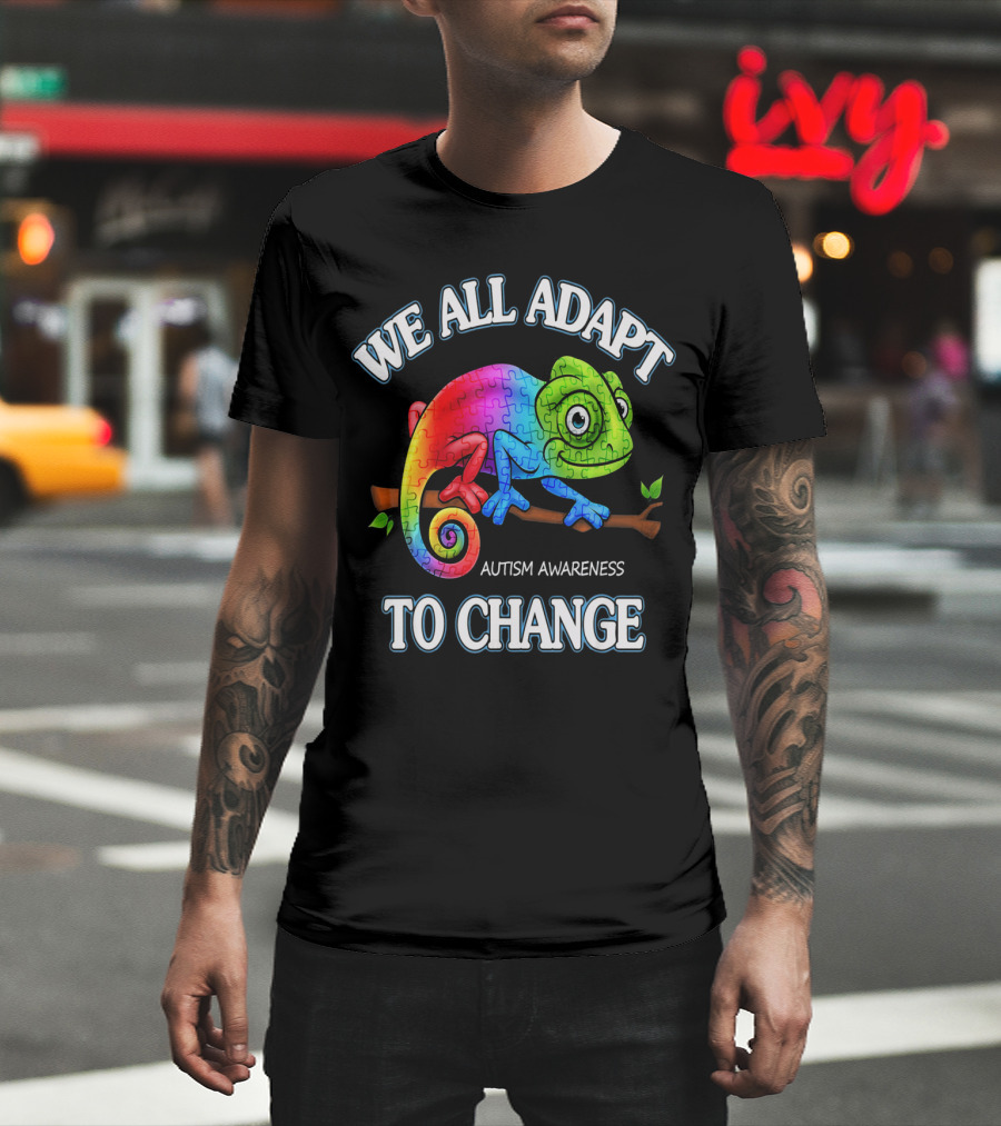 We All Adapt To Change Autism Awareness Puzzle Chameleon T-Shirt