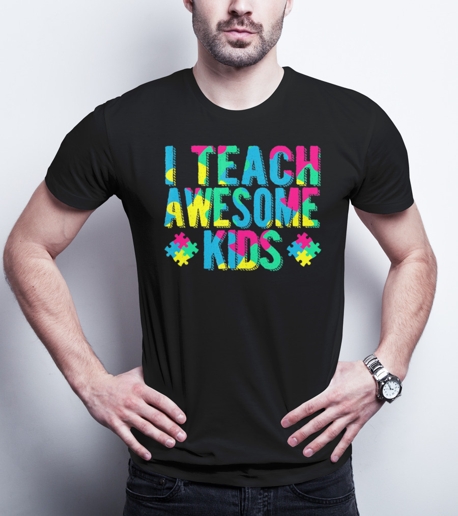 Autism Awareness I Teach Awesome Kids Puzzle Pieces T-Shirt