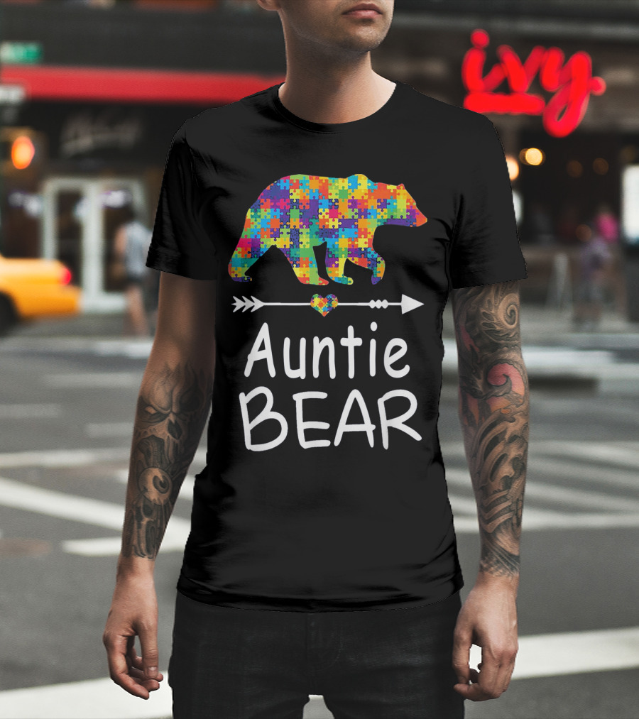 Auntie Bear Puzzle Pattern Autism Awareness Family T-Shirt