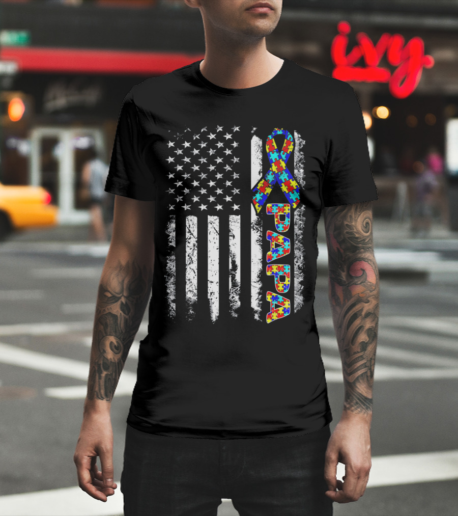 Papa Puzzle Ribbon Autism Awareness American Flag Stars Stripes T-Shirt