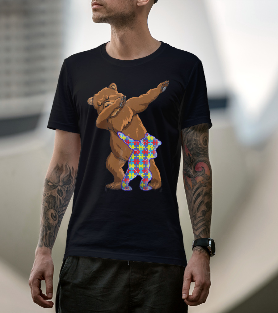 Dabbing Mama Bear With Autism Puzzle Pattern Cub T-Shirt