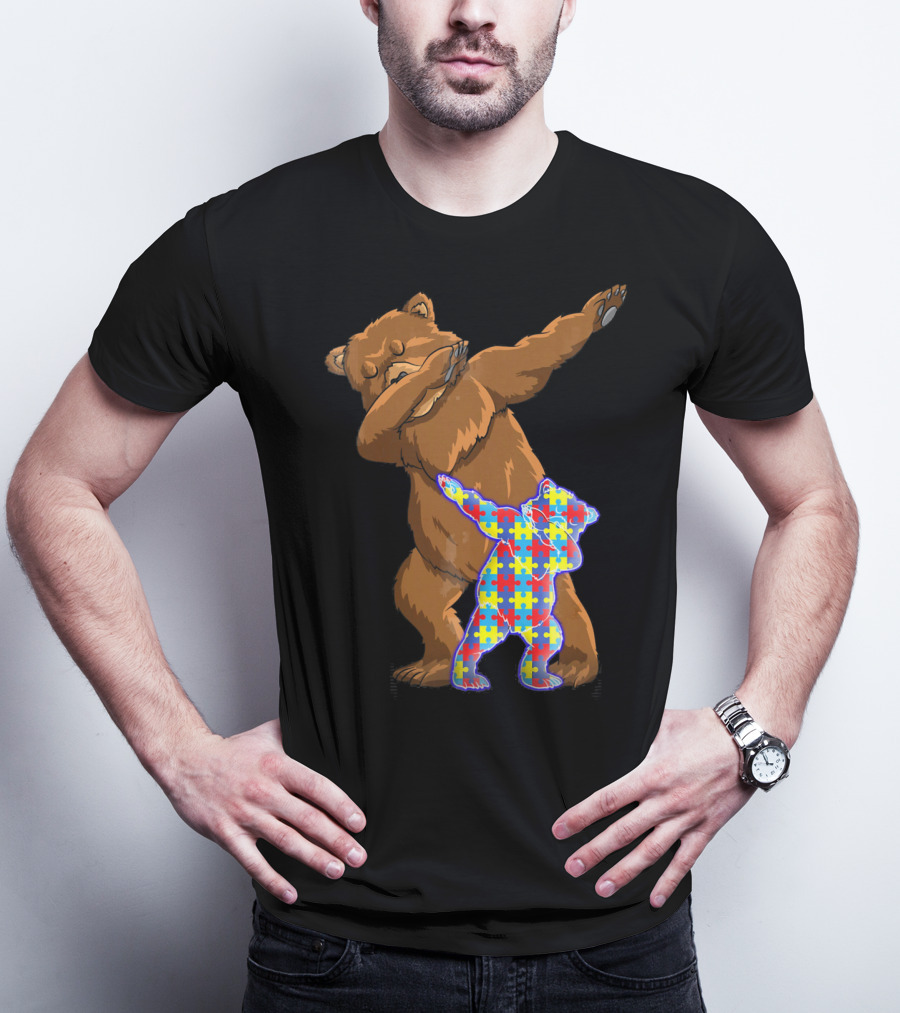 Dabbing Mama Bear With Autism Puzzle Pattern Cub T-Shirt