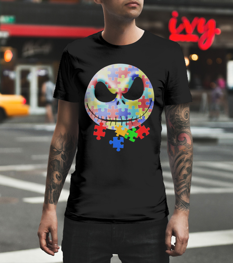 Jacks Skellingtons Faces Autism Awareness Puzzle T-Shirt